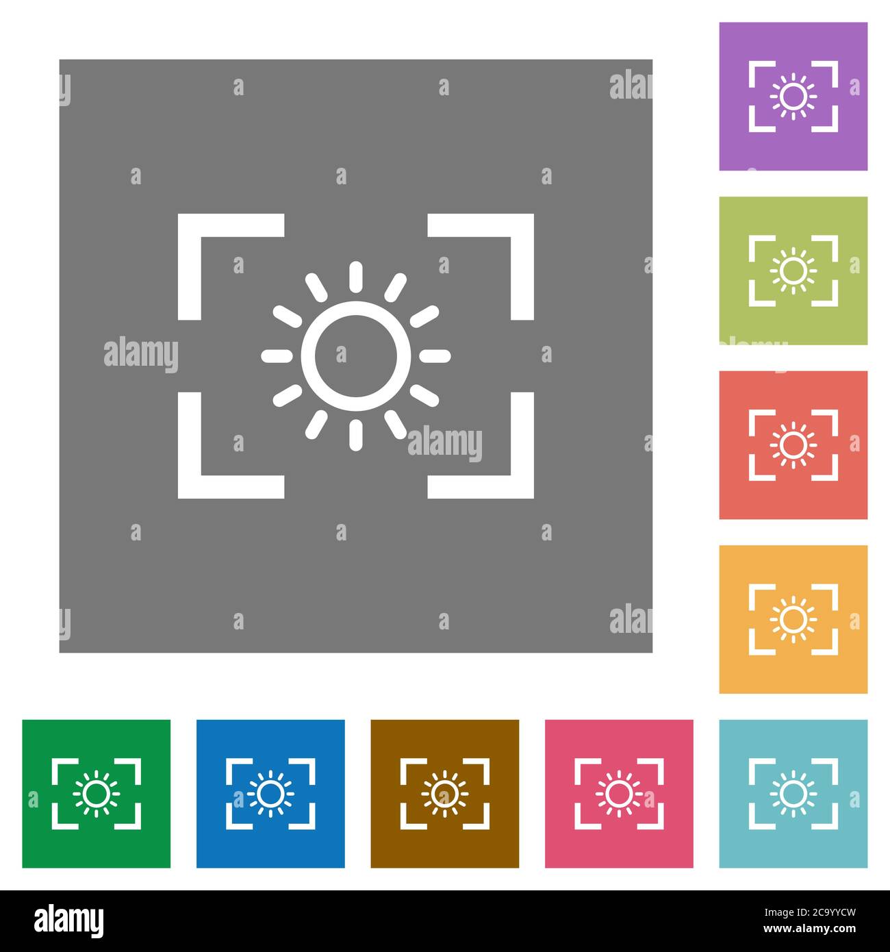 Camera brightness setting flat icons on simple color square backgrounds ...