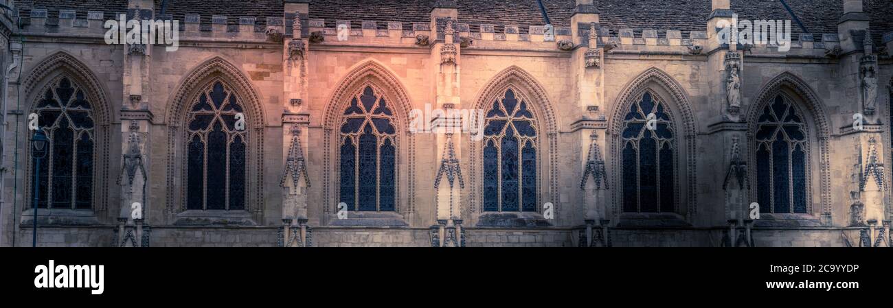 panorama of the windows of the famous Gloucester Cathedral, England ...