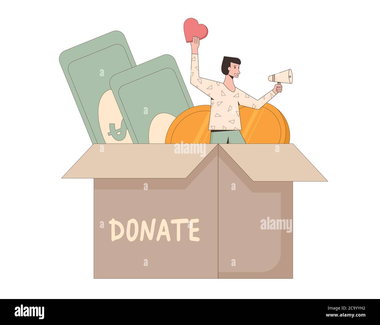 Donate concept. Donation box. Tiny man with money for charity. Line art ...