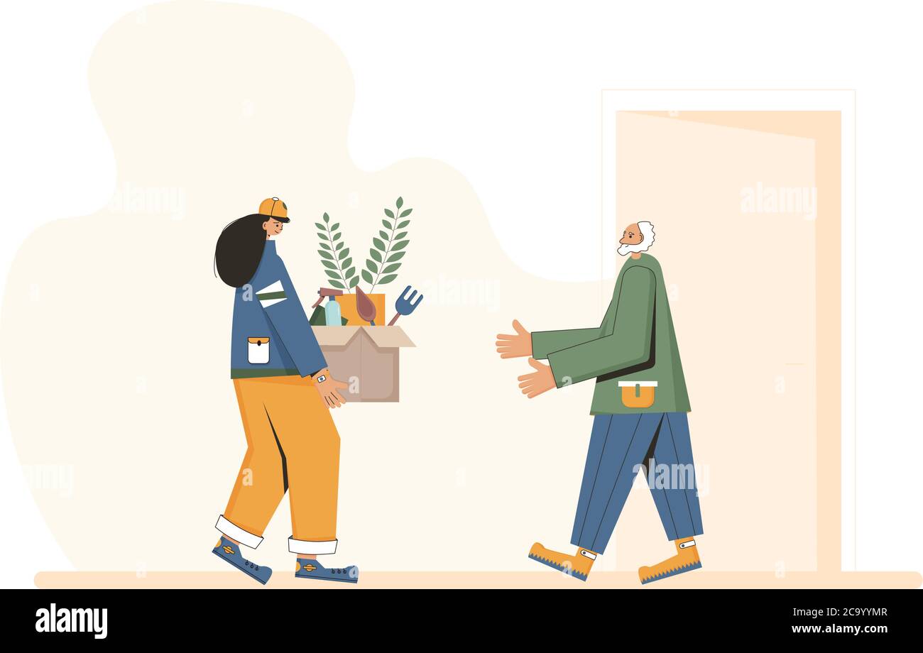 Plant delivery. Courier with a box in her hands and senior customer ...