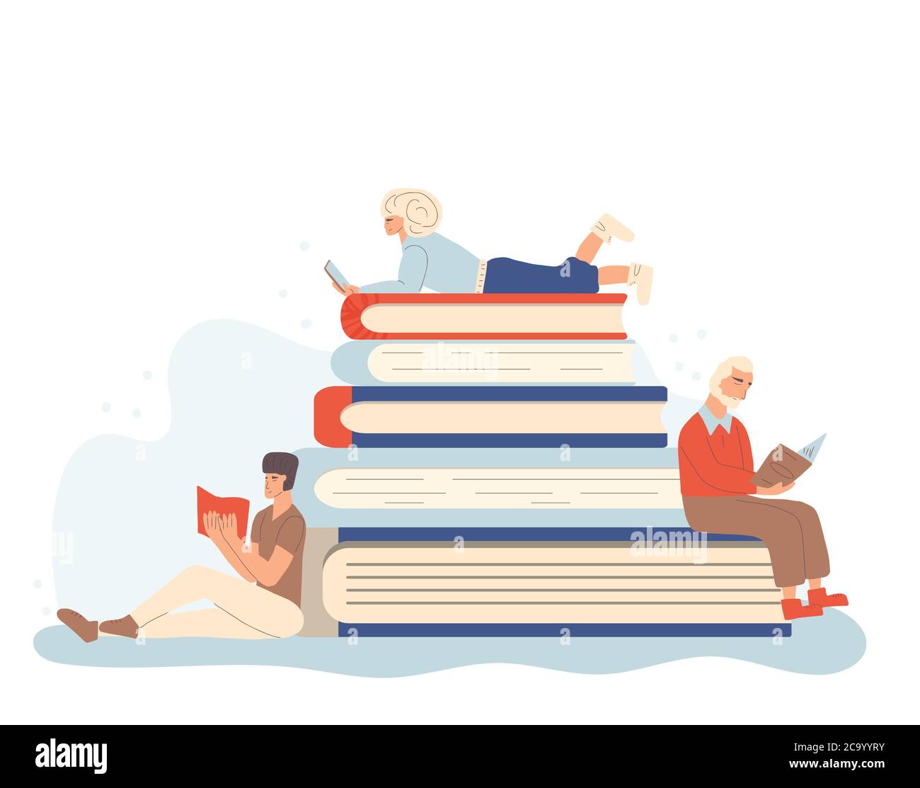 Library or education concept. Tiny characters reading a book. Vector ...