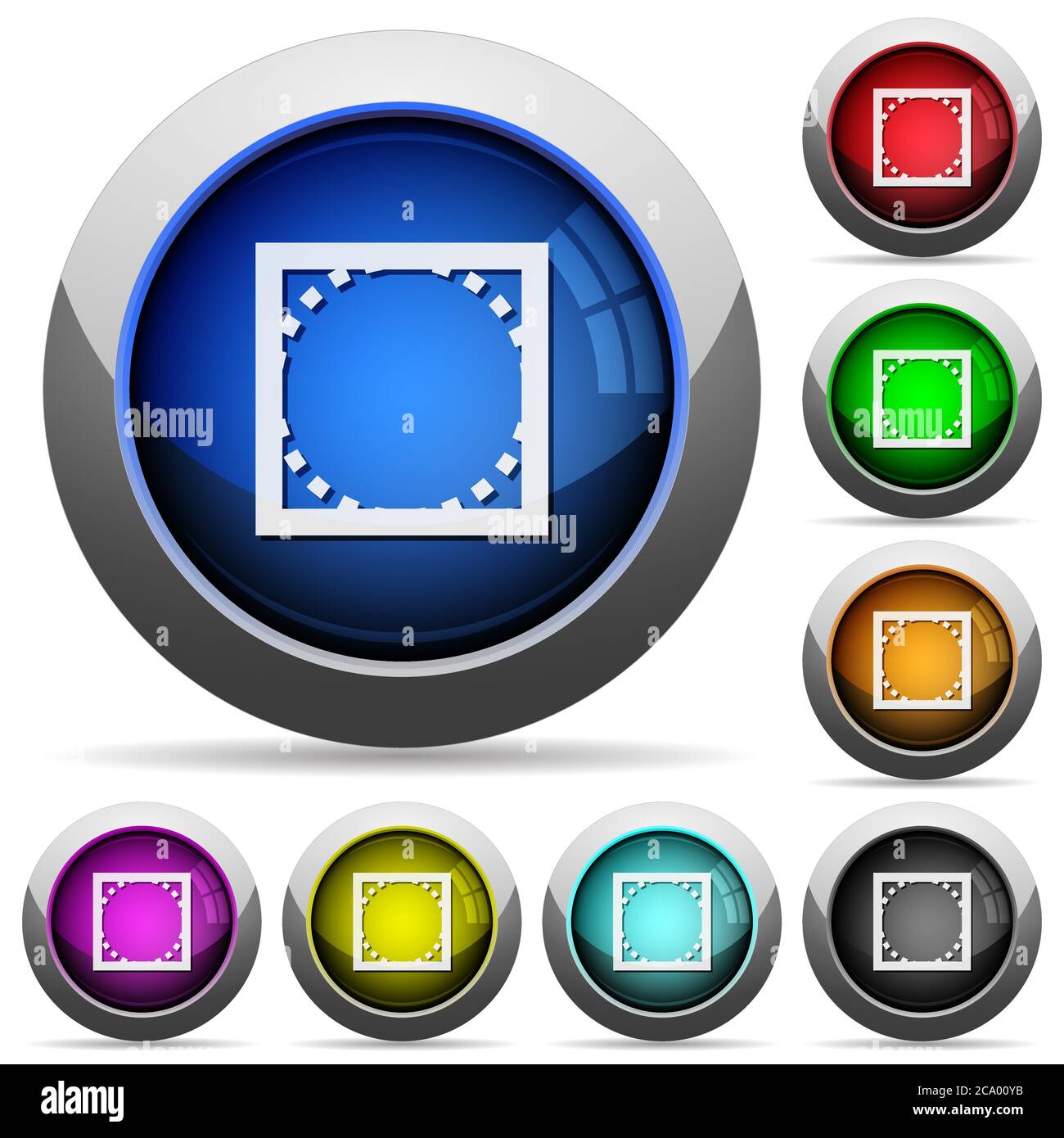 Rounded corner settings icons in round glossy buttons with steel frames ...