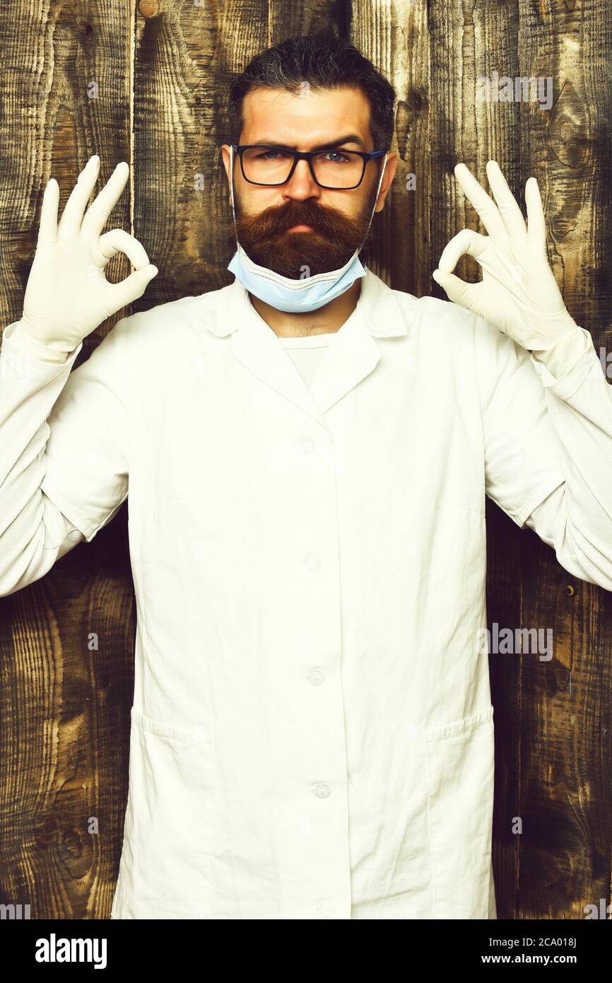 Bearded man, long beard. Brutal caucasian doctor or unshaven hipster ...