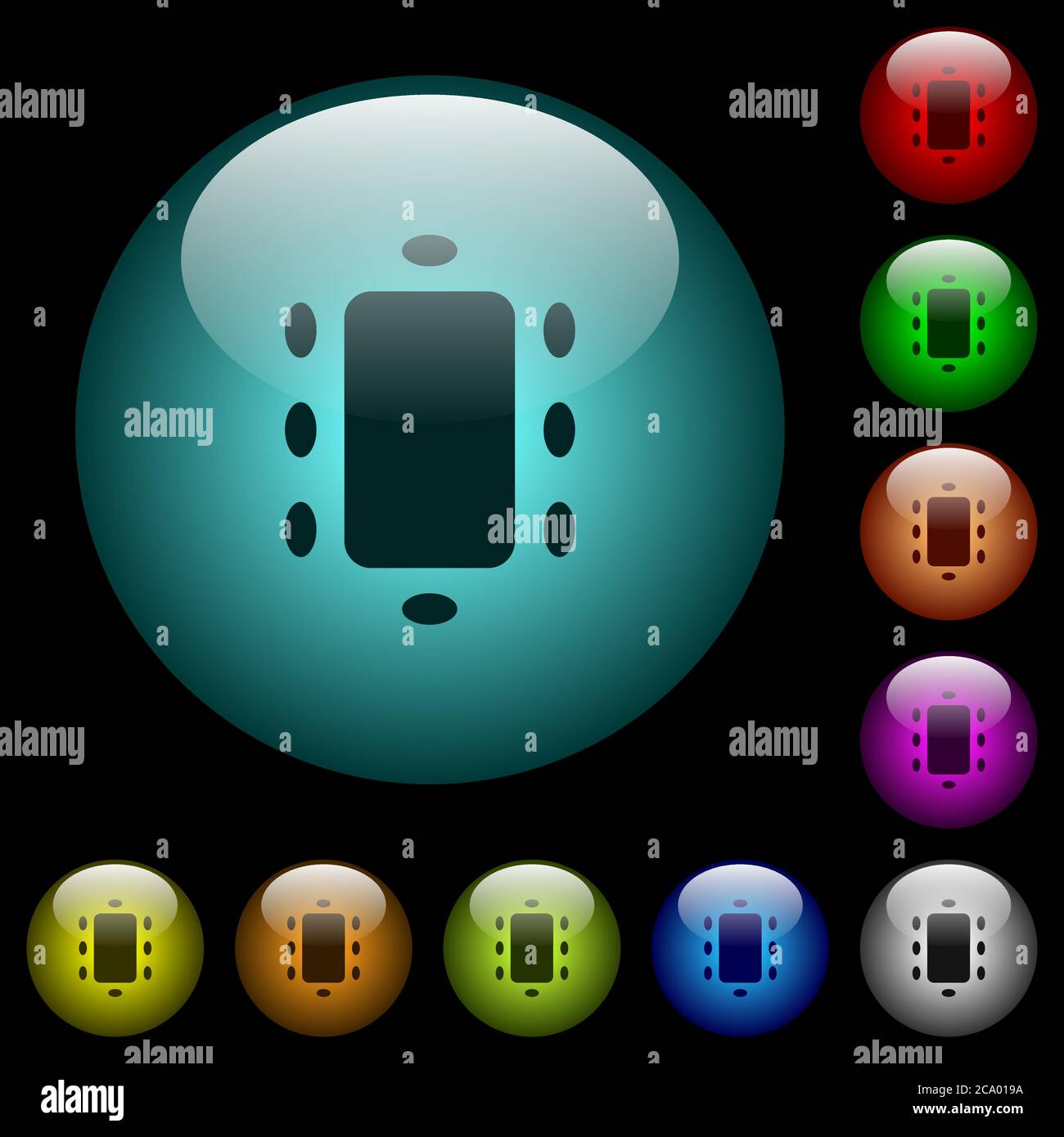Meeting icons in color illuminated spherical glass buttons on black ...