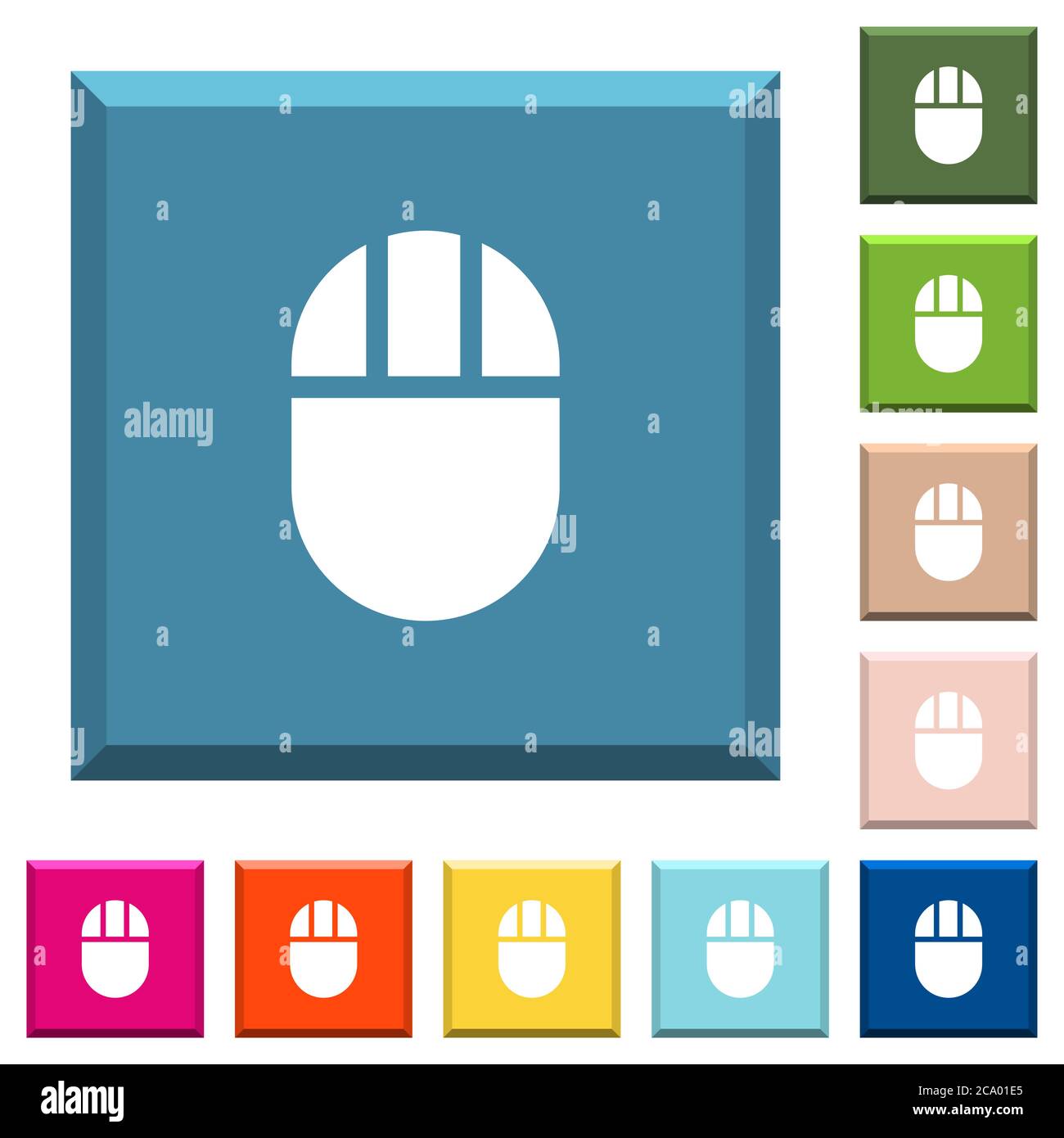 Three buttoned computer mouse white icons on edged square buttons in ...