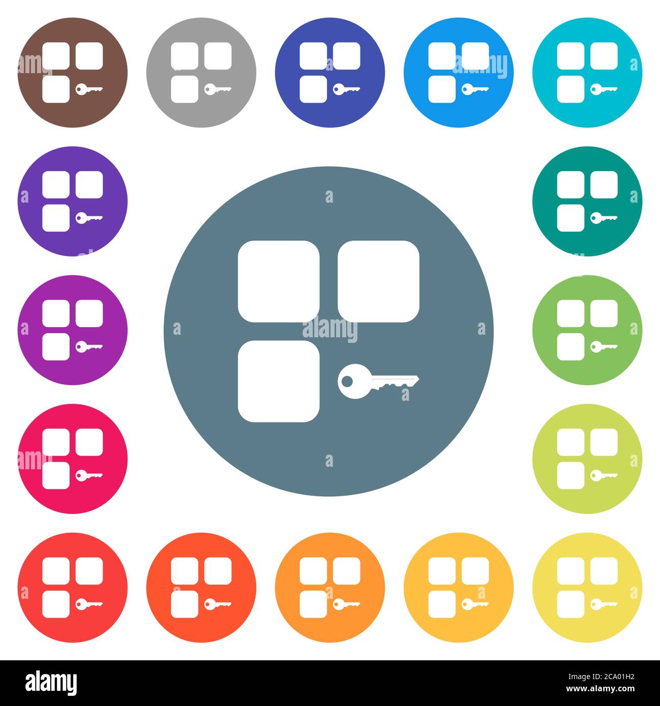 Secure component flat white icons on round color backgrounds. 17 background color variations are ...