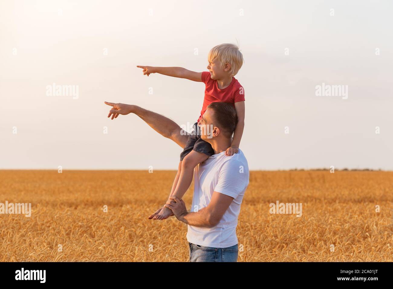Father and son pointing into the distance. Child sits on his fathers ...