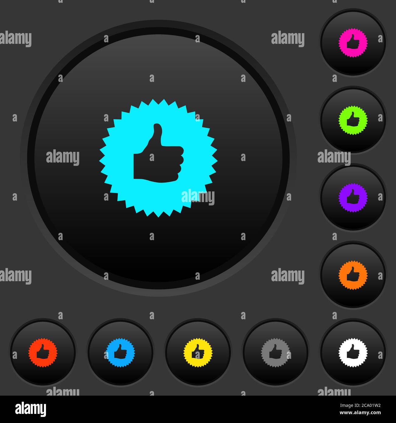 Thumbs up sticker dark push buttons with vivid color icons on dark grey ...