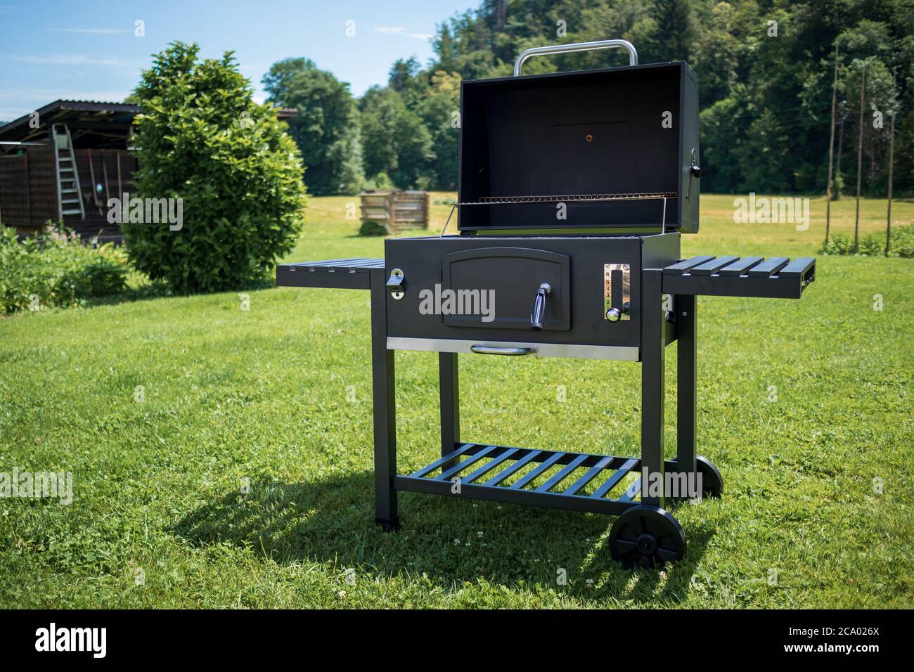 Home barbecue with charcoal in the backyard grilling steaks and other ...