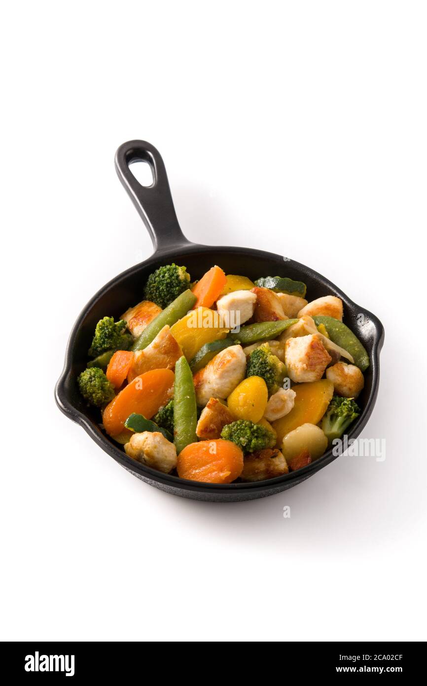 Stir fry chicken with vegetables isolated on white background Stock ...