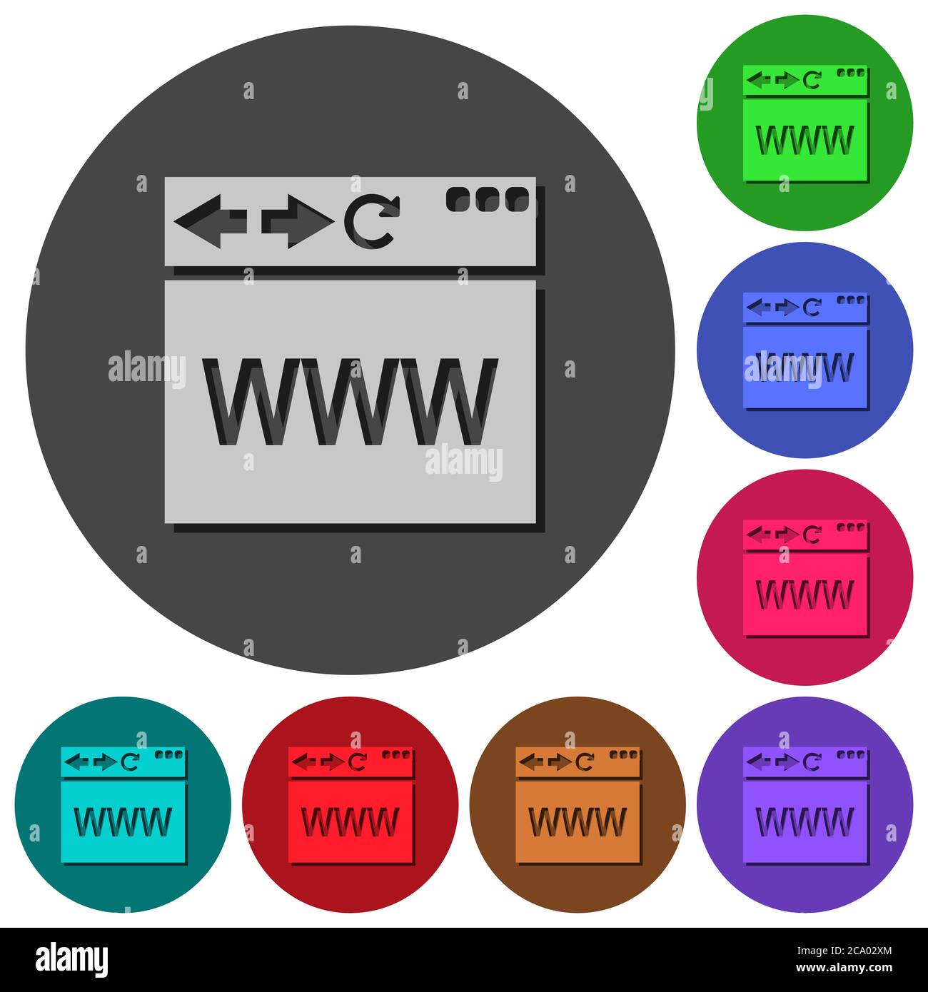Browser webpage icons with shadows on color round backgrounds for ...