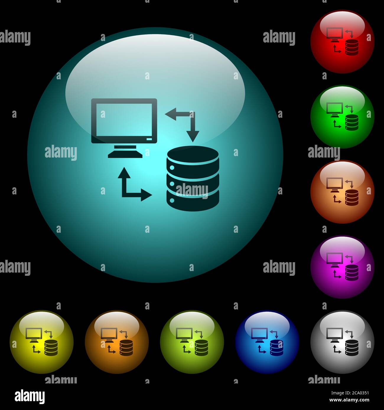 Syncronize Data With Database Icons In Color Illuminated Spherical Glass Buttons On Black