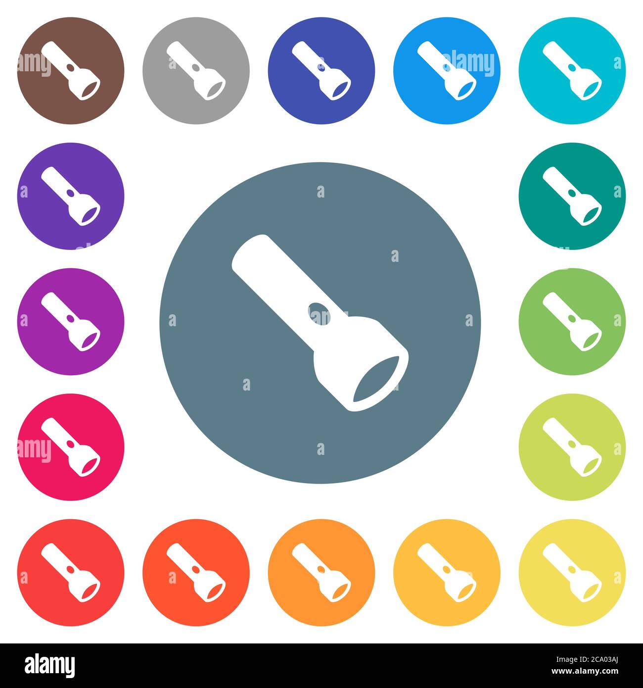 Flashlight flat white icons on round color backgrounds. 17 background color variations are ...