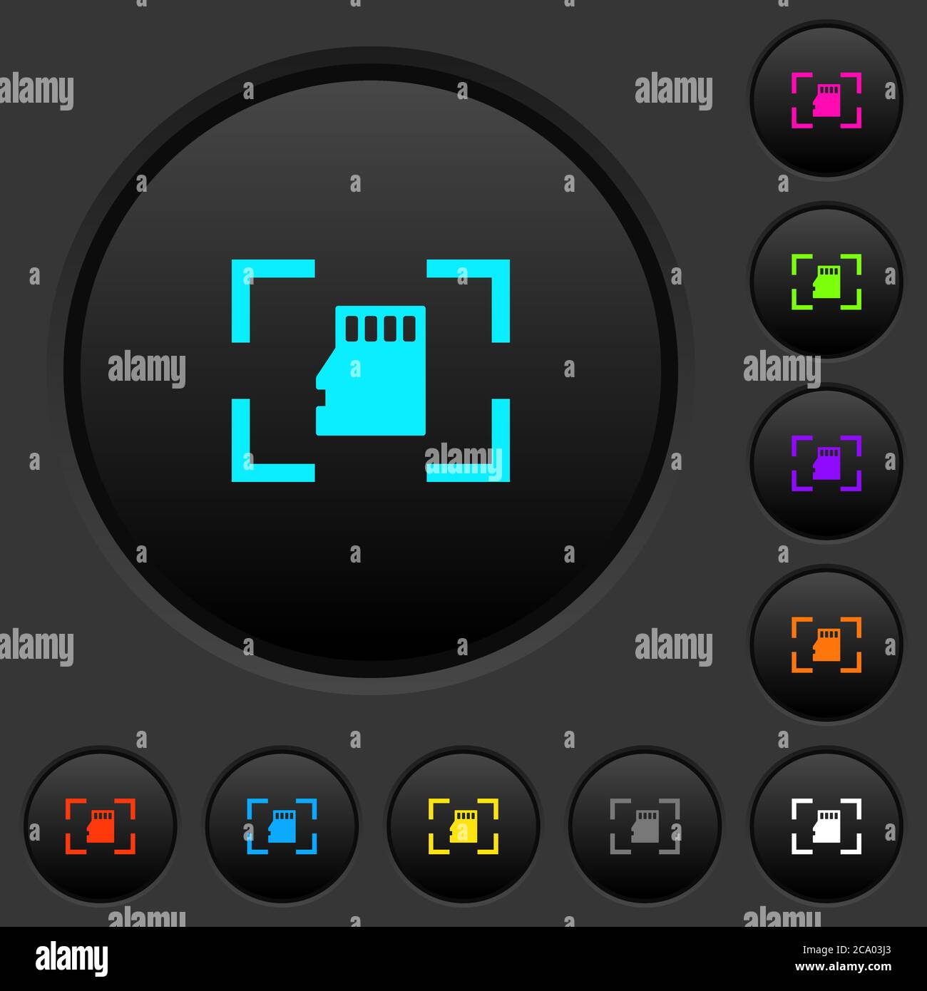 Camera memory card dark push buttons with vivid color icons on dark ...