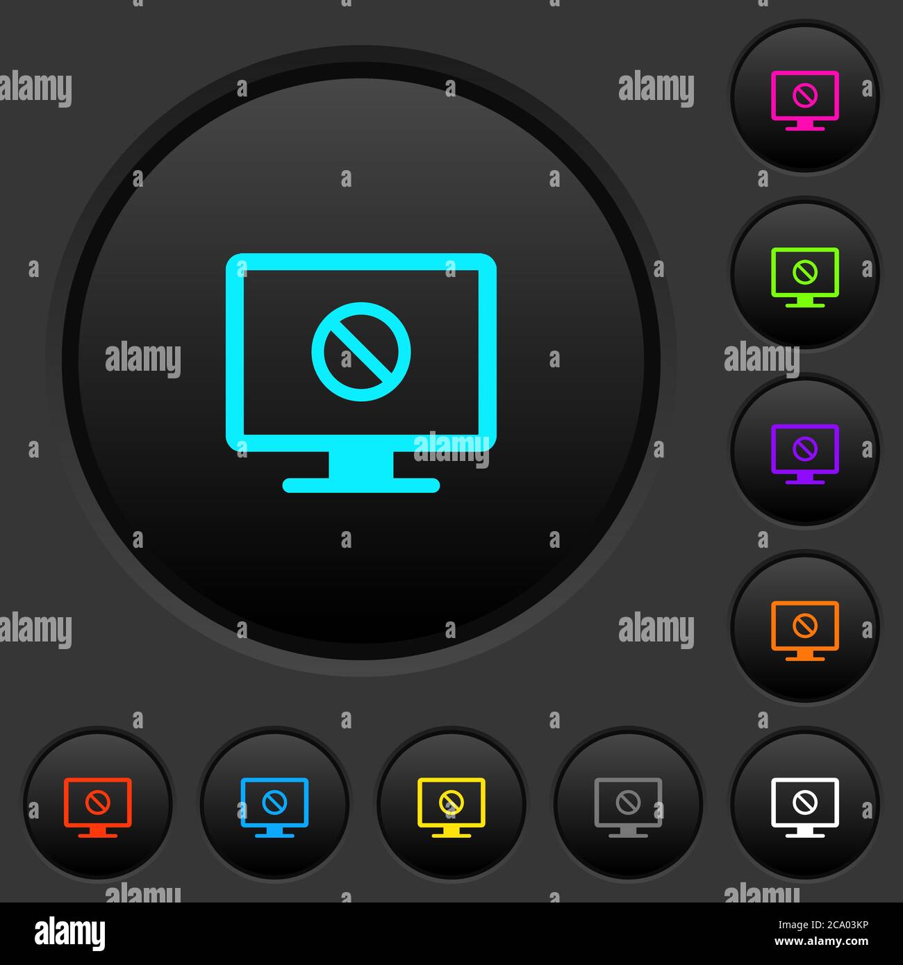 Disabled display dark push buttons with vivid color icons on dark grey ...