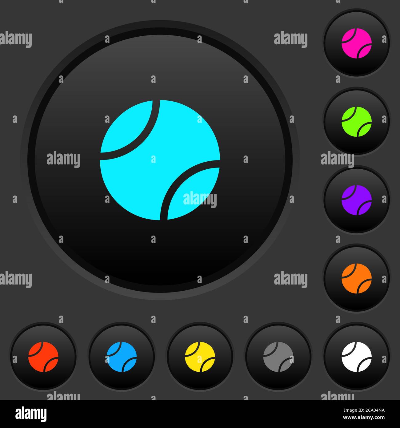 Tennis ball dark push buttons with vivid color icons on dark grey ...