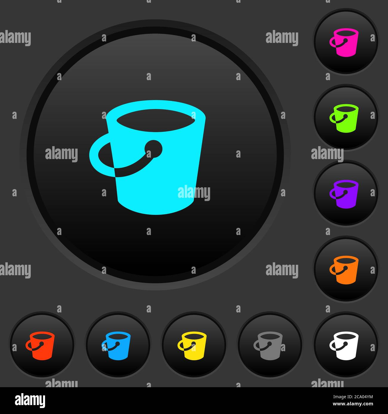 Bucket dark push buttons with vivid color icons on dark grey background ...