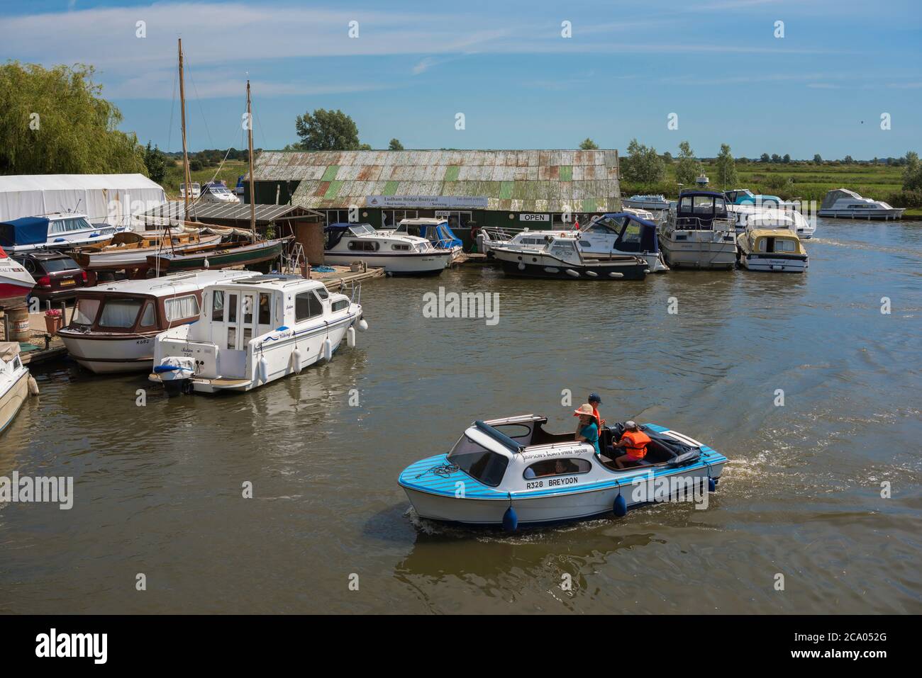 Ludham Bridge, view in summer of a traditional boatyard beside Ludham ...
