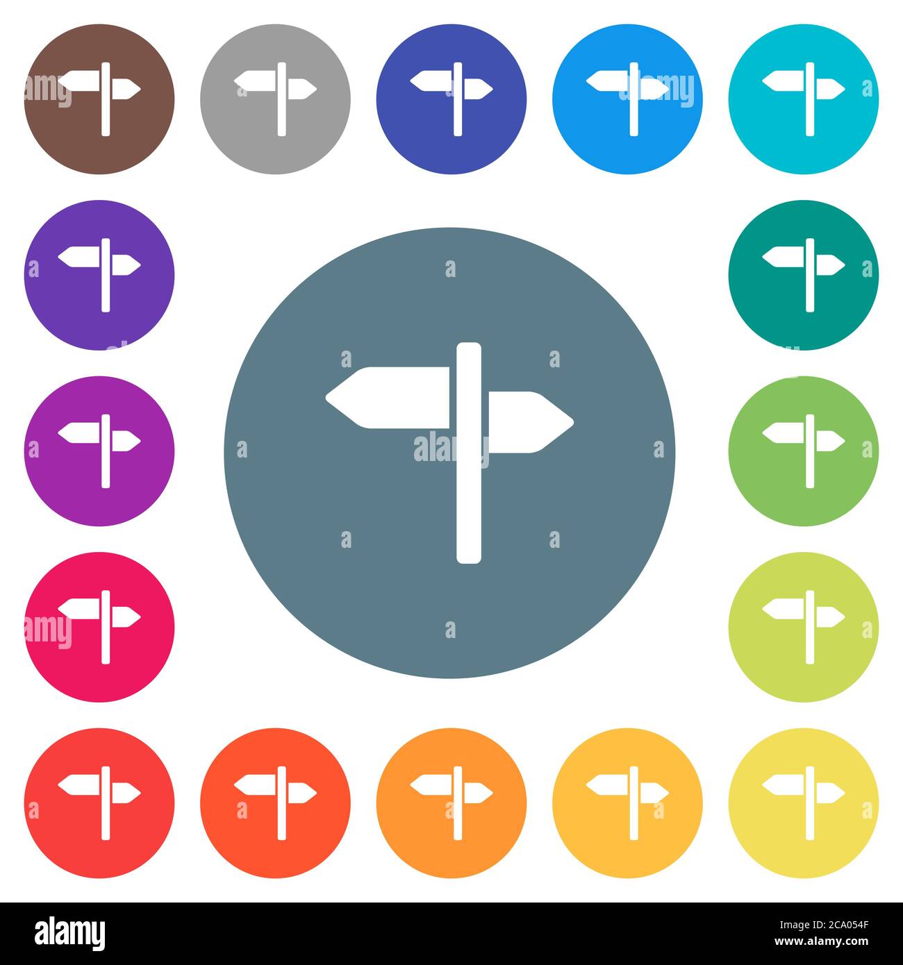 Signpost flat white icons on round color backgrounds. 17 background color variations are ...