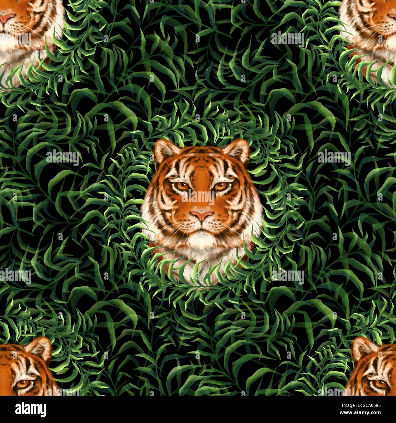 tiger in green leaves. Seamless pattern Stock Photo - Alamy