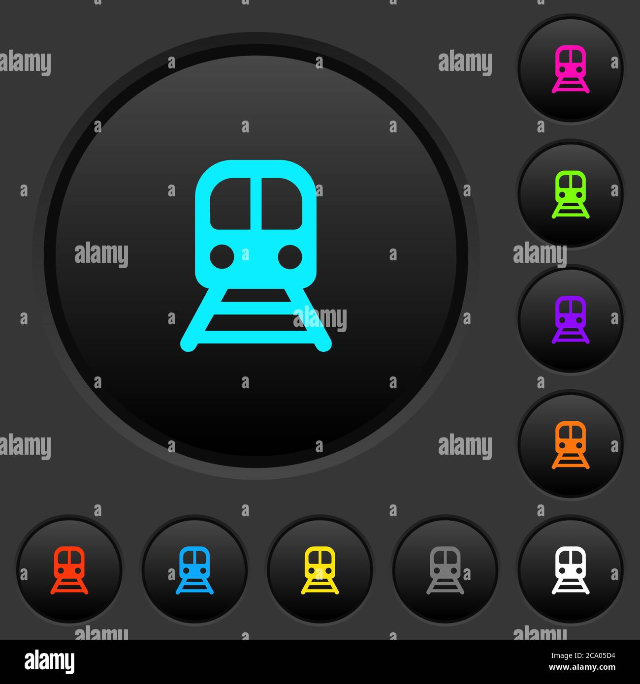 Train dark push buttons with vivid color icons on dark grey background ...