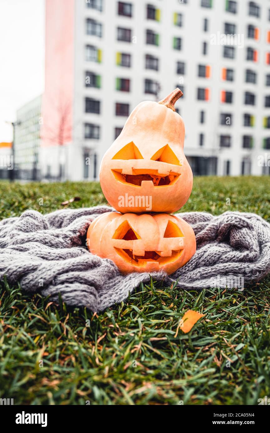 Jack o lanterns Halloween pumpkin face Stock Photo - Alamy