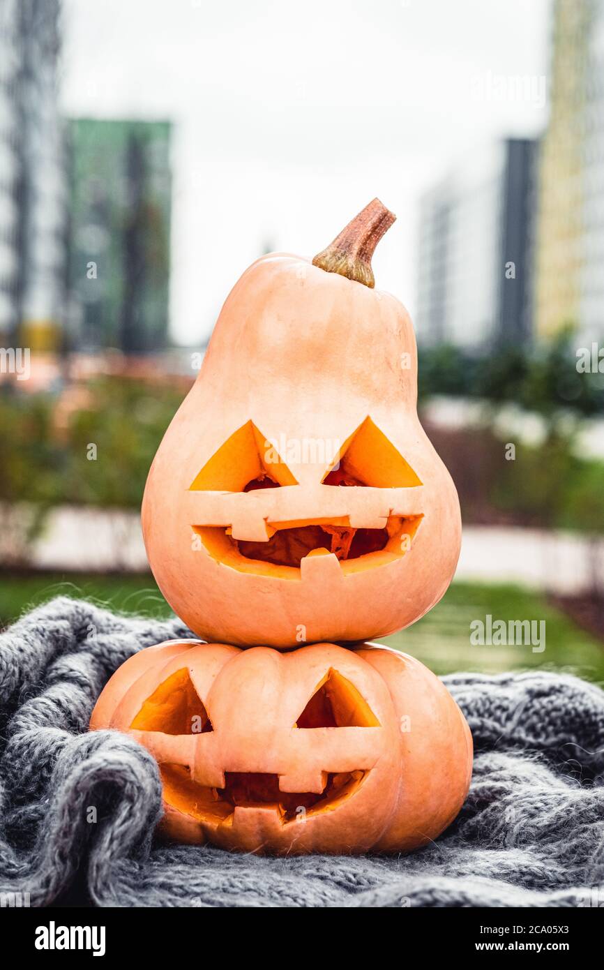 Jack o lanterns Halloween pumpkin face Stock Photo - Alamy