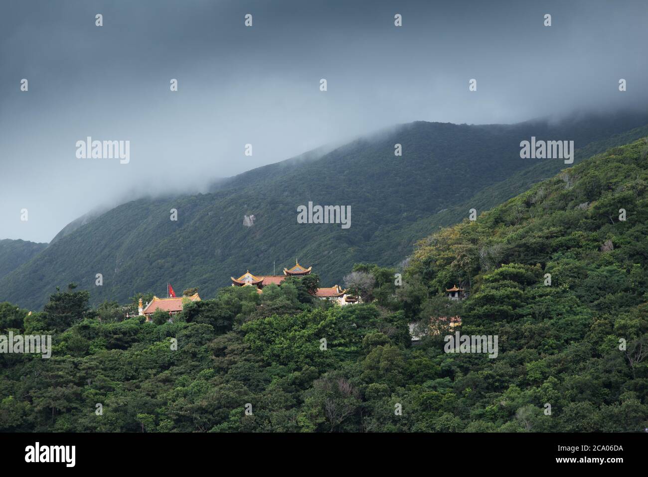 Con Dau, island from Vietnam, Van Son Pagoda in mountains with storm ...
