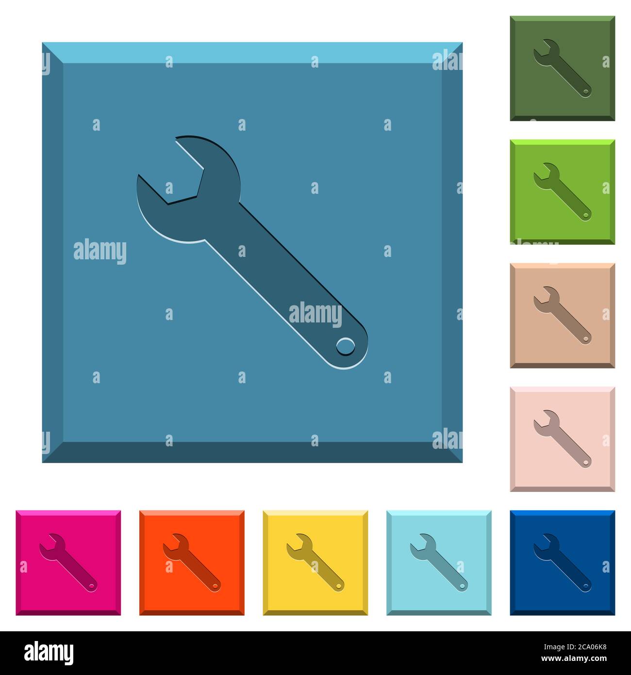 Single wrench engraved icons on edged square buttons in various trendy ...