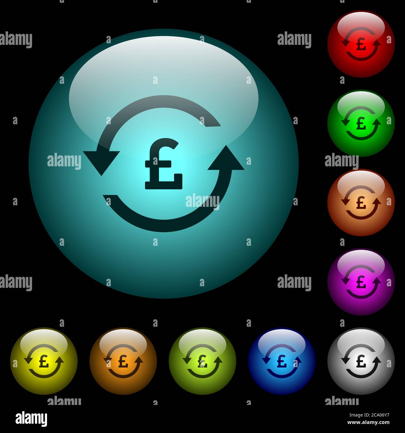 Pound pay back icons in color illuminated spherical glass buttons on ...