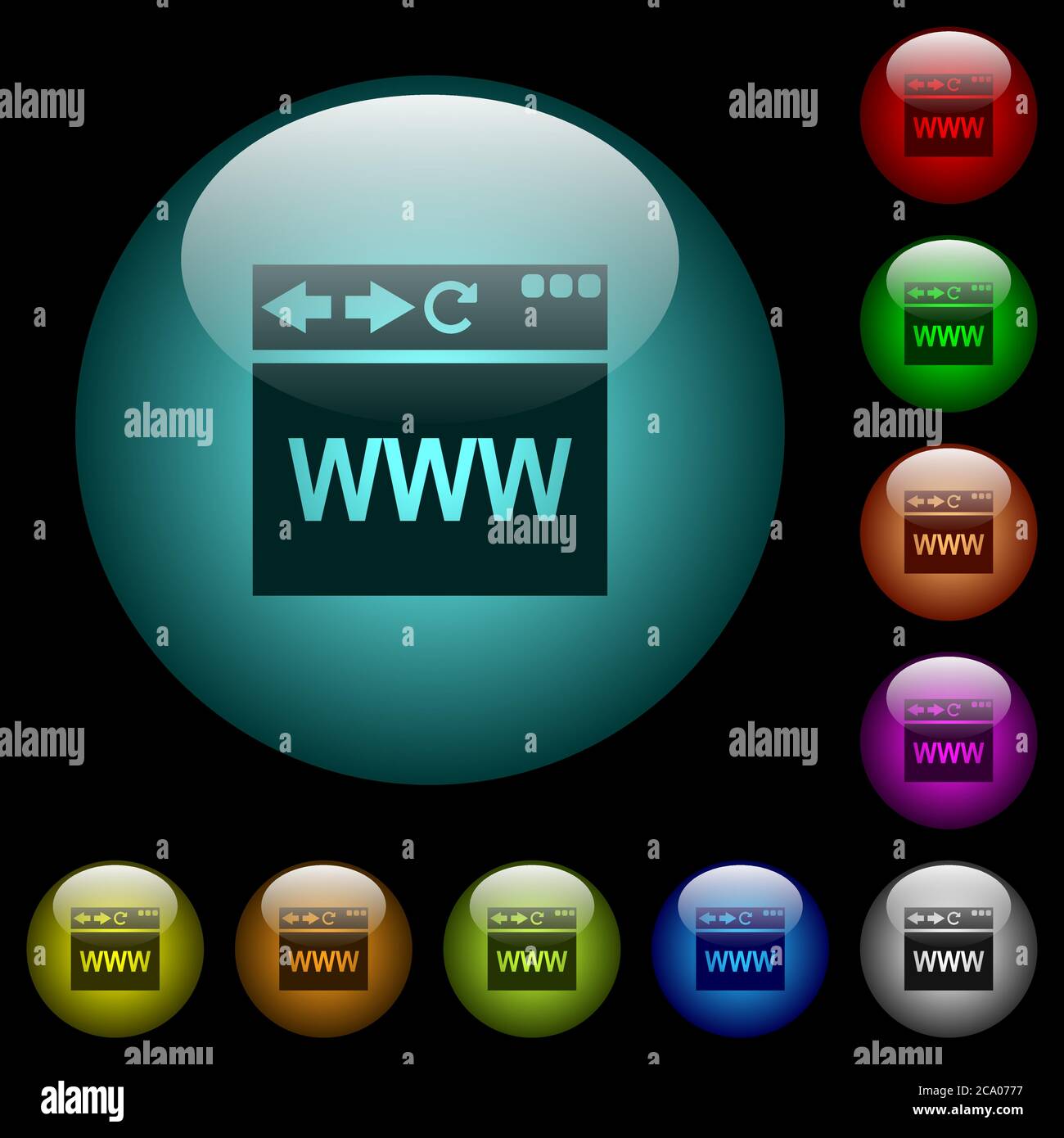 Browser webpage icons in color illuminated spherical glass buttons on ...
