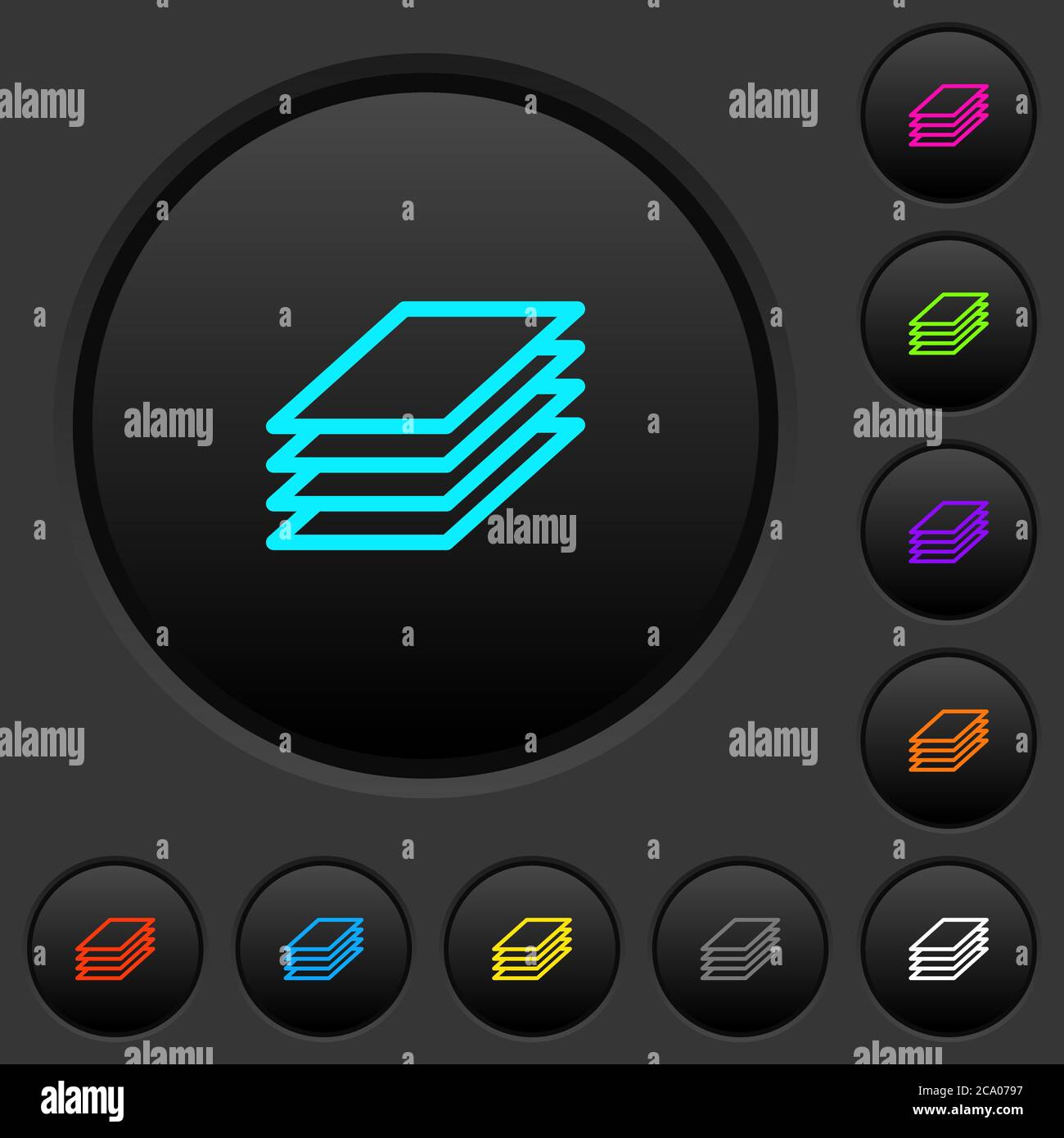 Printing papers dark push buttons with vivid color icons on dark grey ...
