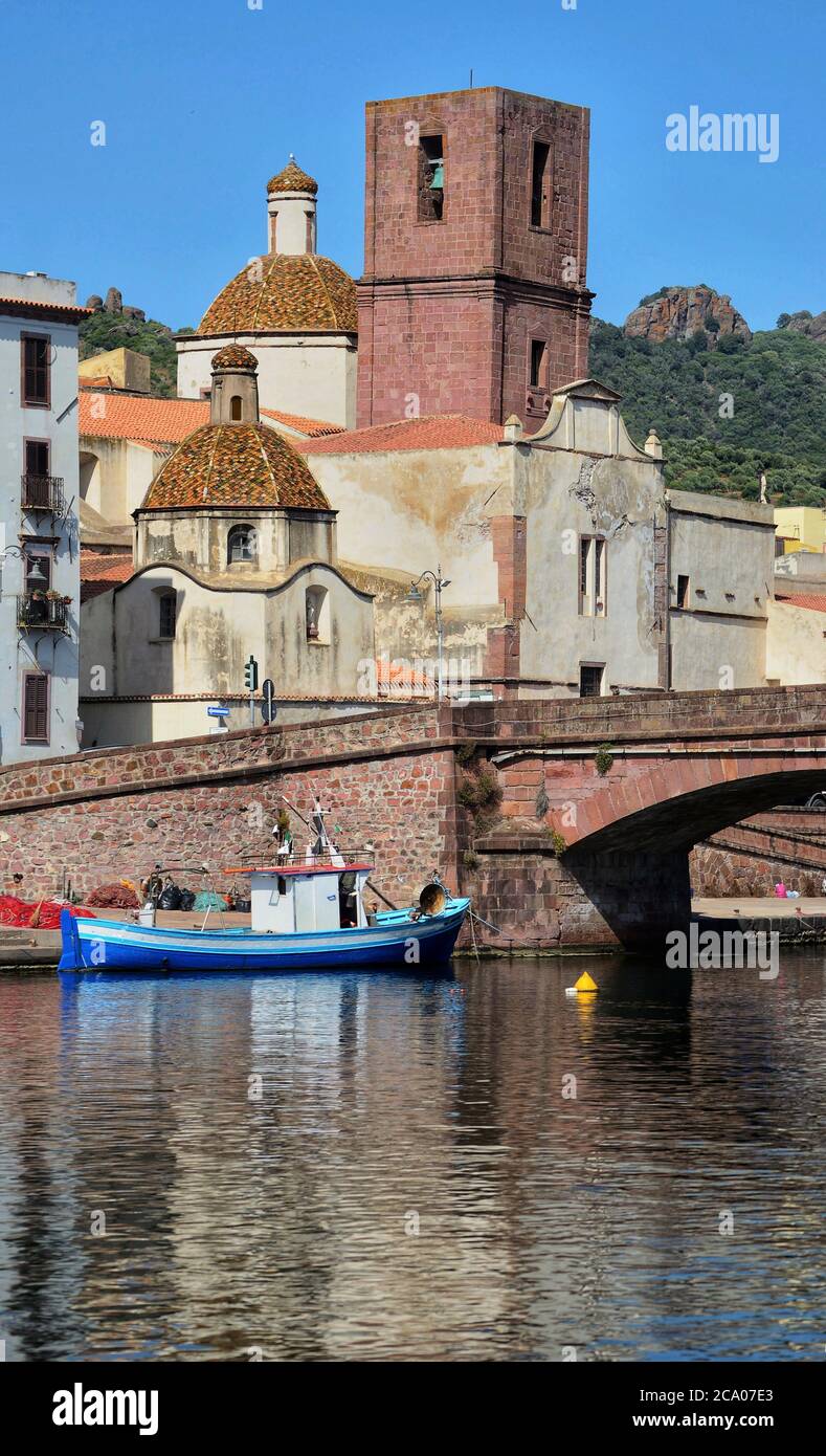 typical view of Bosa town with Temo river, in Sardinia, Italy Stock ...