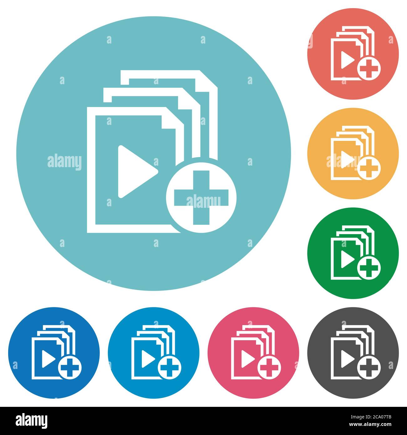 Add new item to playlist flat white icons on round color backgrounds ...