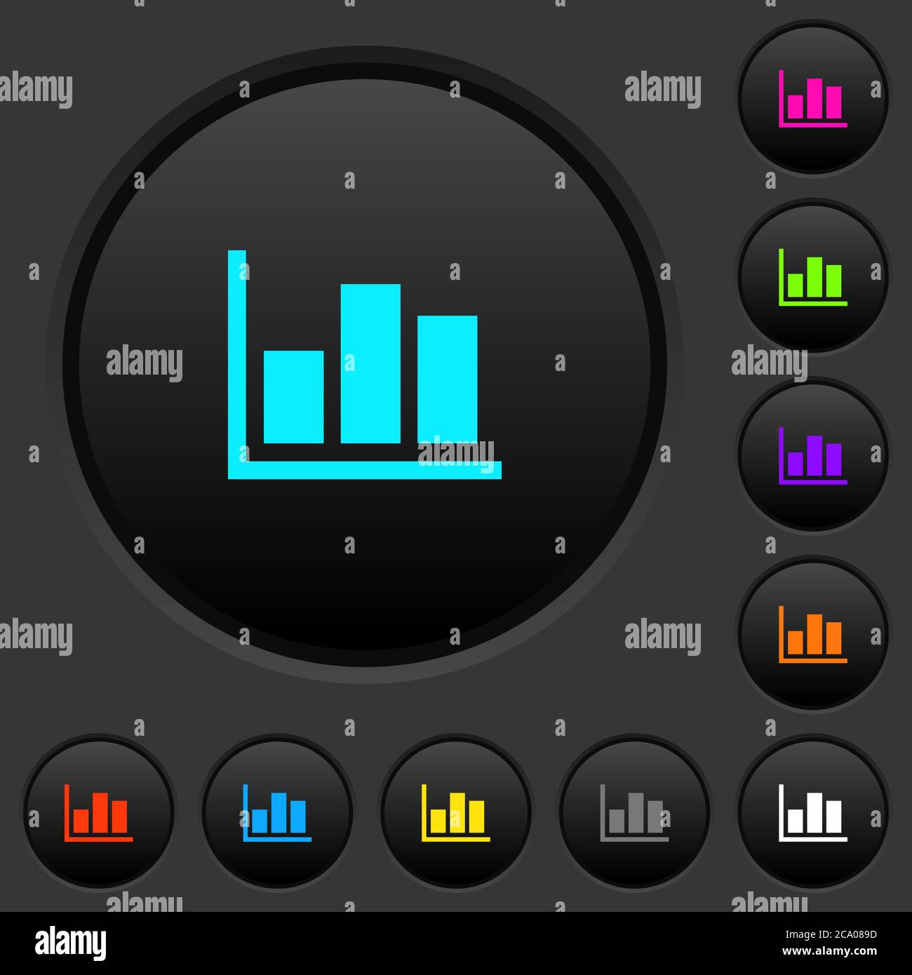 Statistics dark push buttons with vivid color icons on dark grey ...