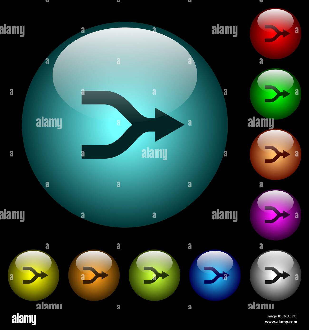 Merge Arrows Icons In Color Illuminated Spherical Glass Buttons On Black Background Can Be Used