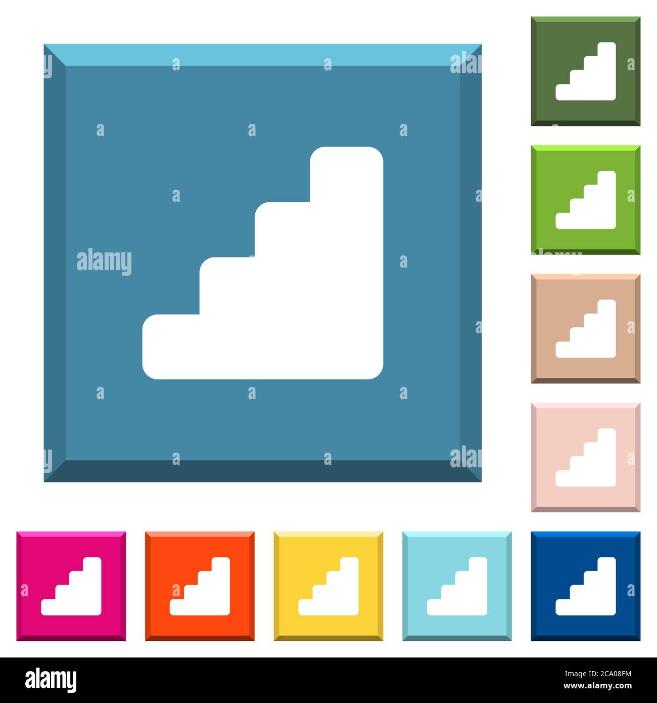Stairs white icons on edged square buttons in various trendy colors ...