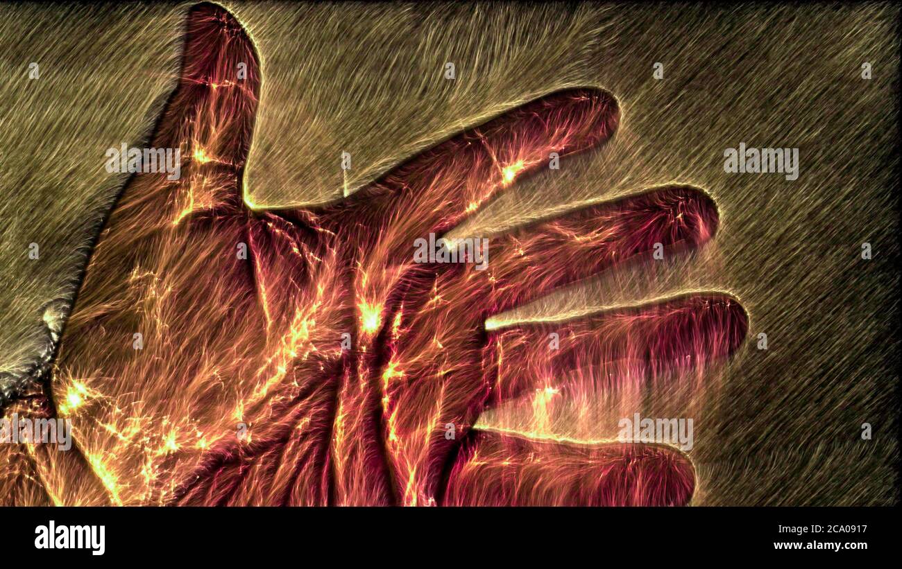 3D-Illustration of a glowing human male hand with a kirlian aura ...