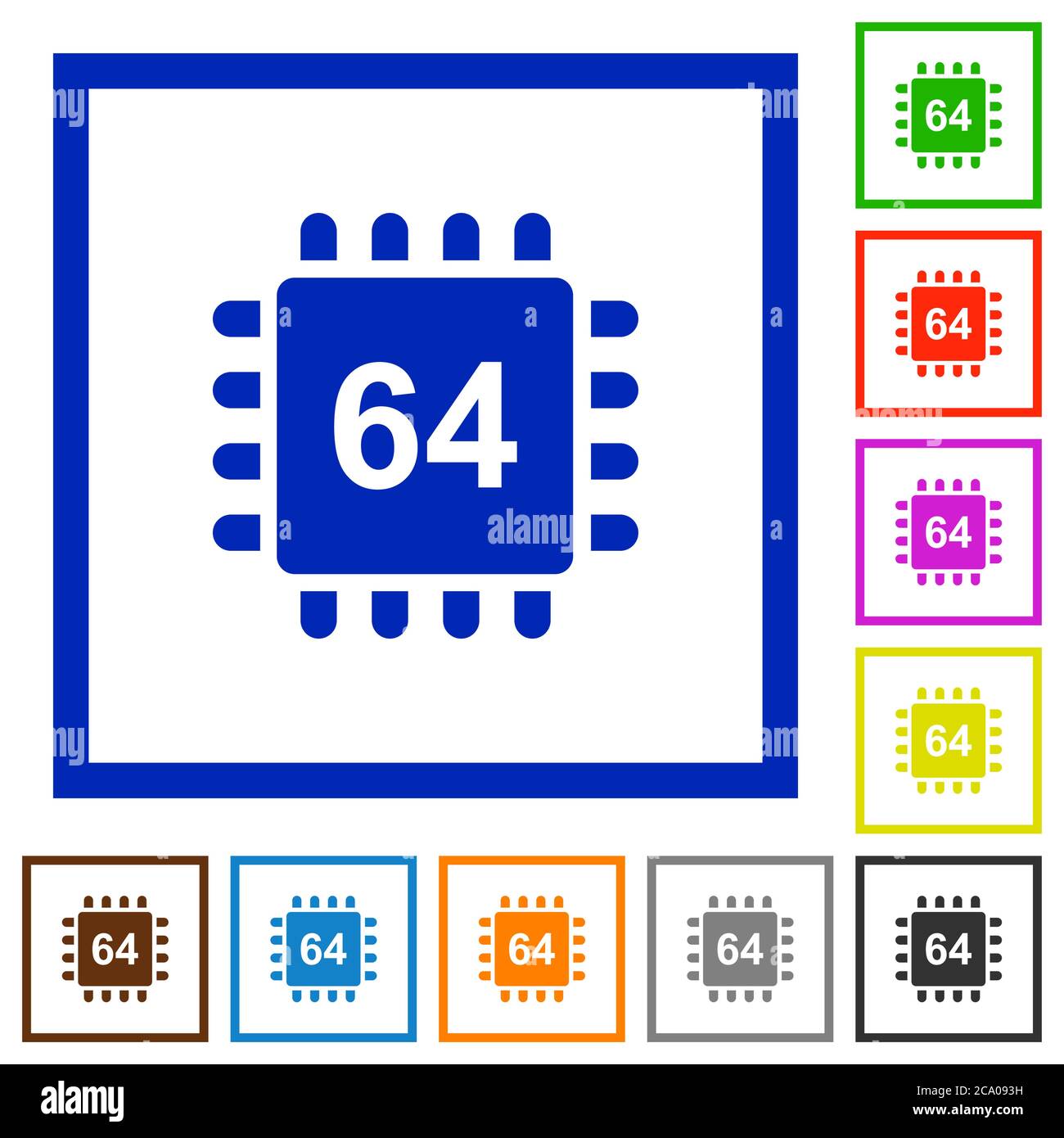 Microprocessor 64 bit architecture flat color icons in square frames on ...