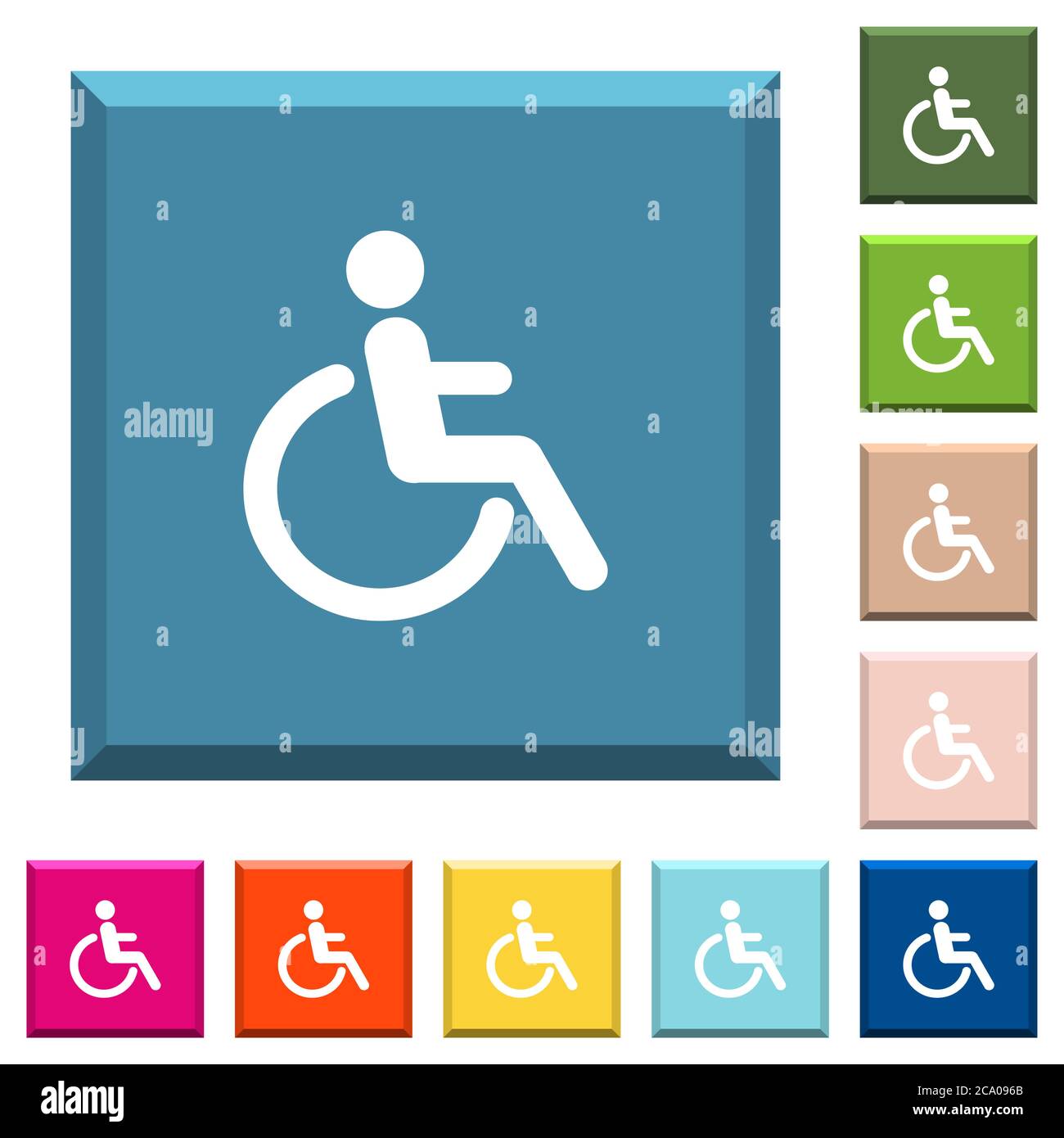 Disability white icons on edged square buttons in various trendy colors ...