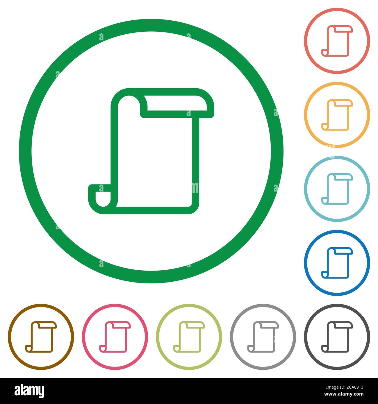 Blank paper scroll flat color icons in round outlines on white ...