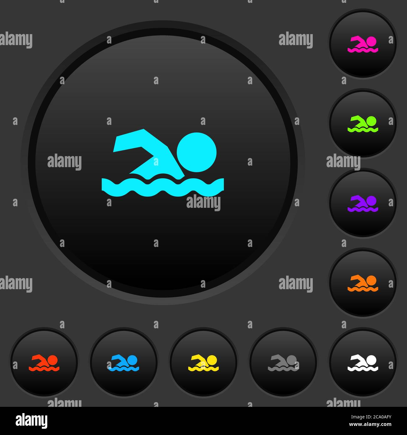 Swimming man dark push buttons with vivid color icons on dark grey ...