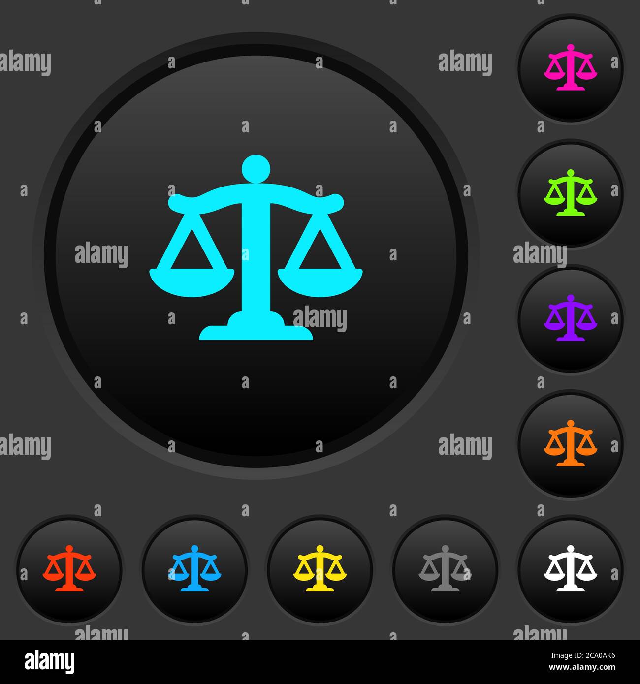 Scale of law dark push buttons with vivid color icons on dark grey ...
