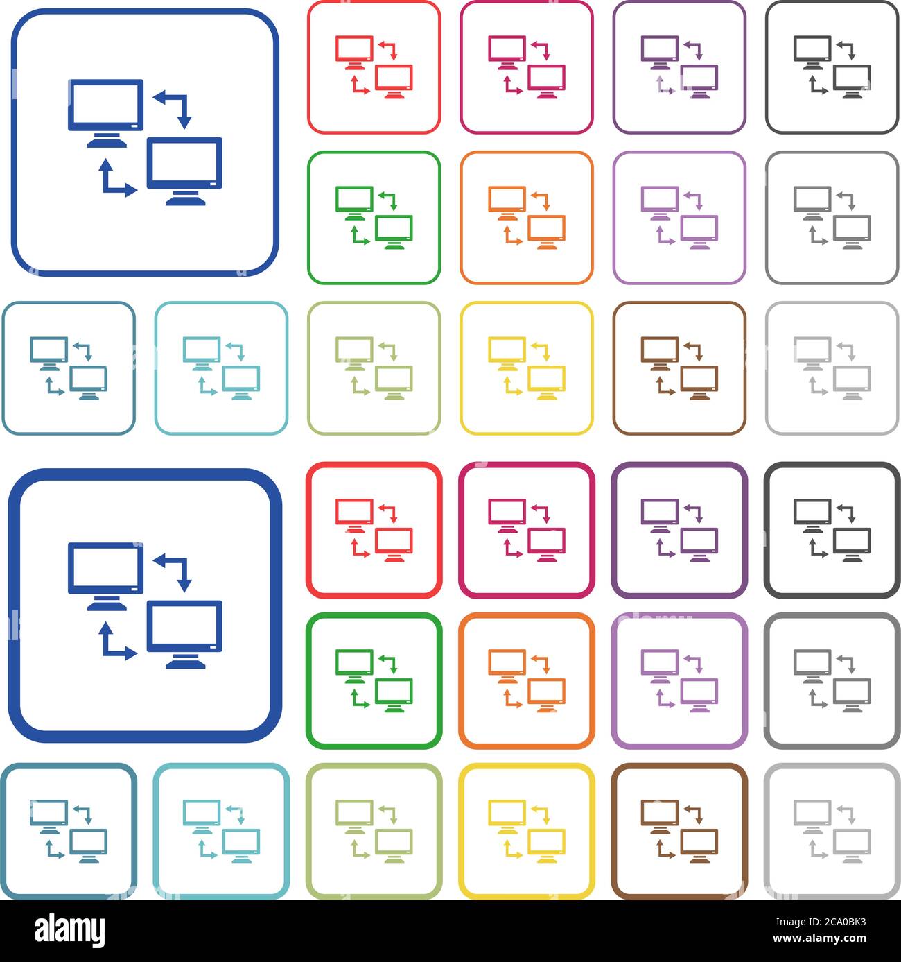 Data syncronization color flat icons in rounded square frames. Thin and thick versions included ...