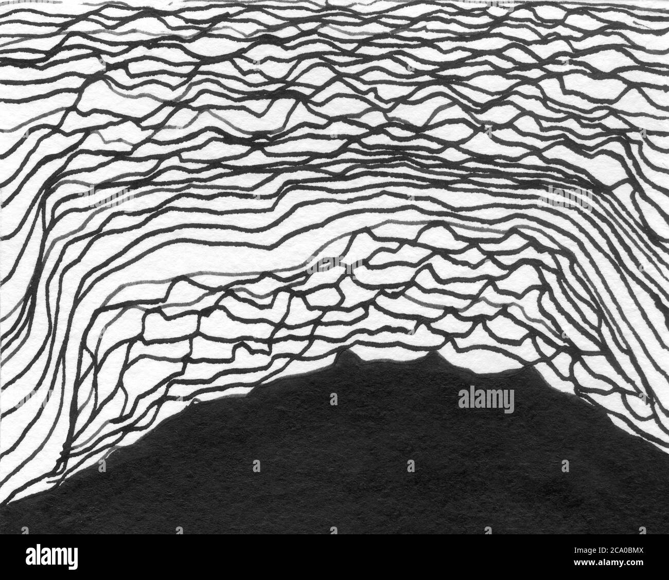 Abstract landscape ink hand drawn illustration. Black white ink winter ...