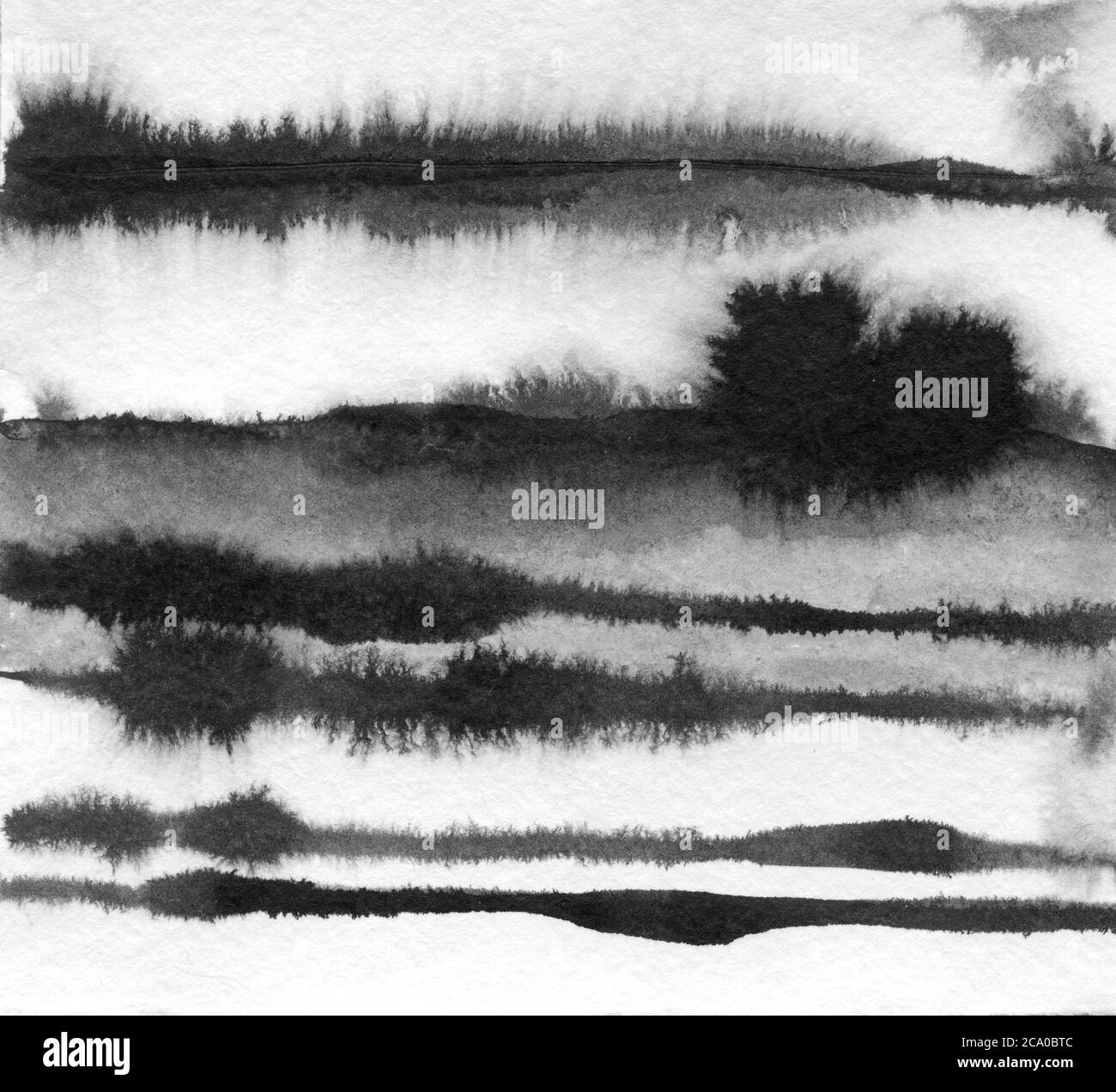 Abstract landscape ink hand drawn illustration. Black and white ink ...