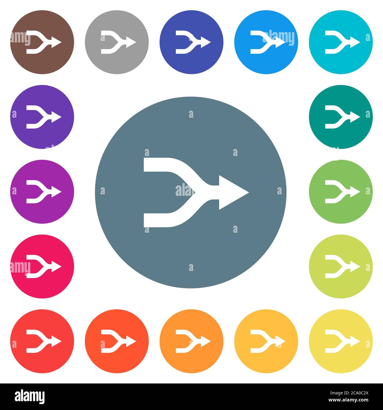 Merge arrows flat white icons on round color backgrounds. 17 background color variations are ...