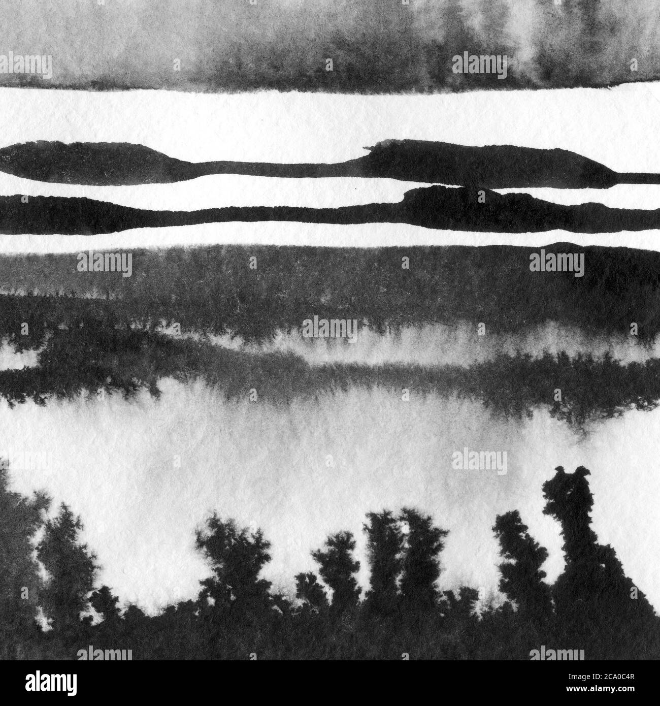 Abstract landscape ink hand drawn illustration. Black and white ink ...