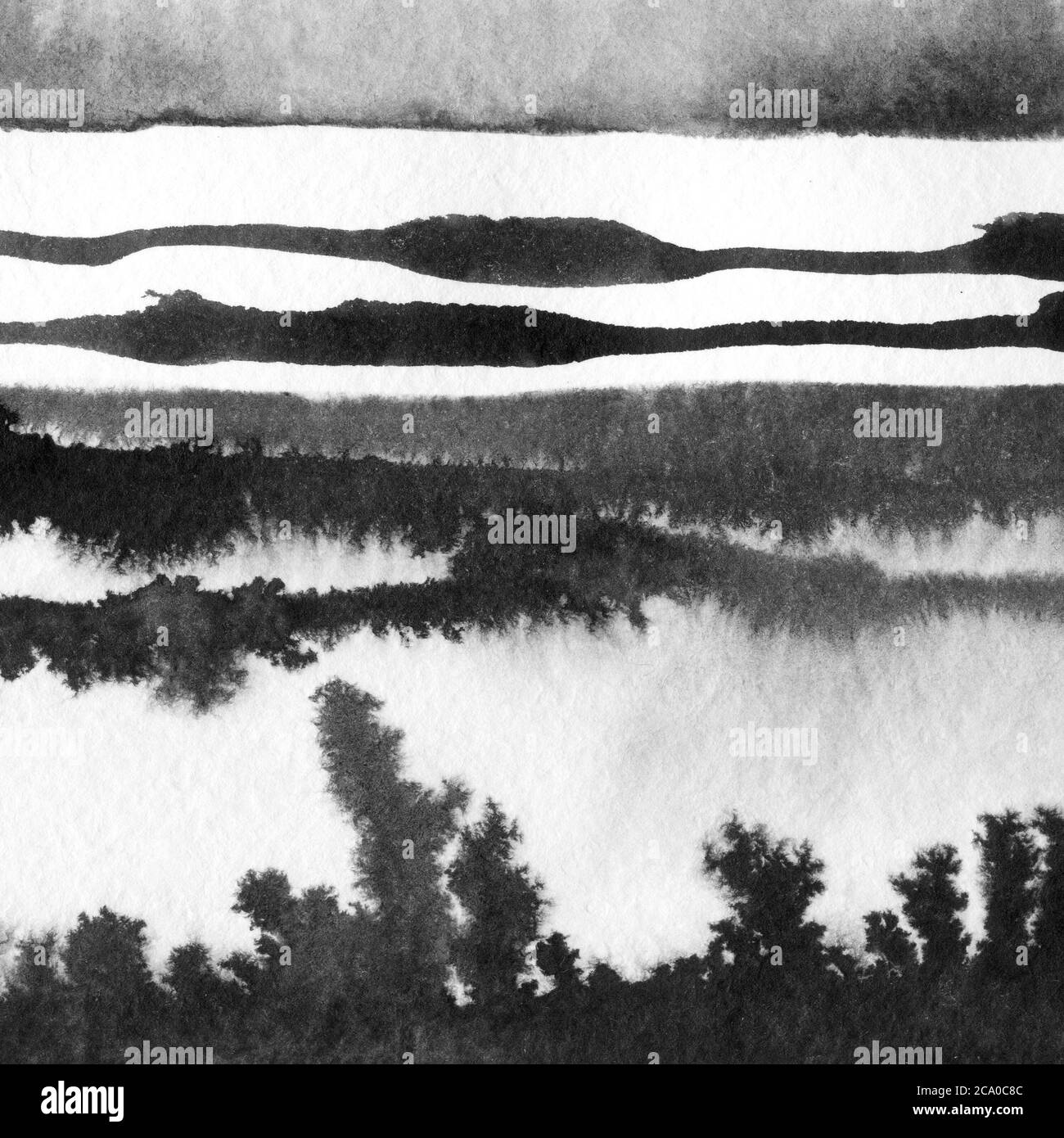 Abstract landscape ink hand drawn illustration. Black and white ink ...