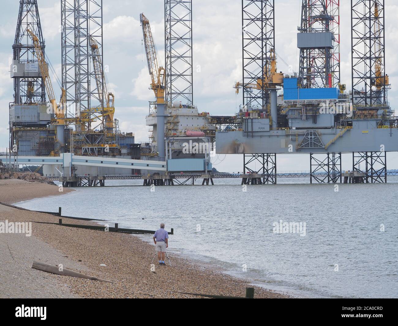 Sheerness, Kent, UK. 3rd August, 2020. Two oil/gas drilling rigs are ...